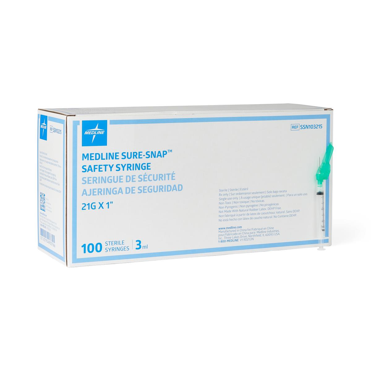 Medline Safety Syringes with Needle - 3 mL Syringe with 21G x 1" Safet ...