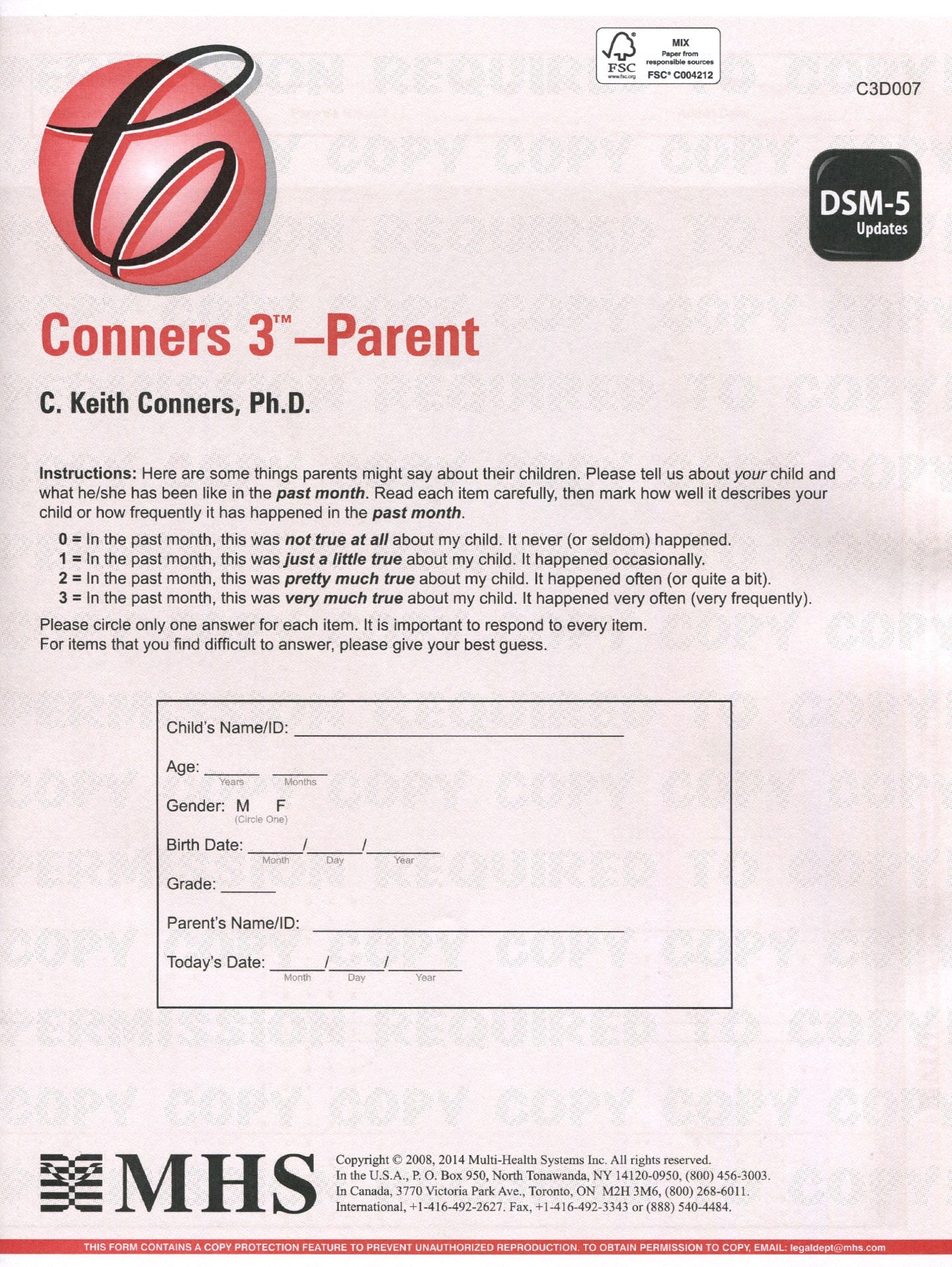 Conners-3 Parent Long QuikScore Forms (25) with DSM-5 Scoring Update C ...